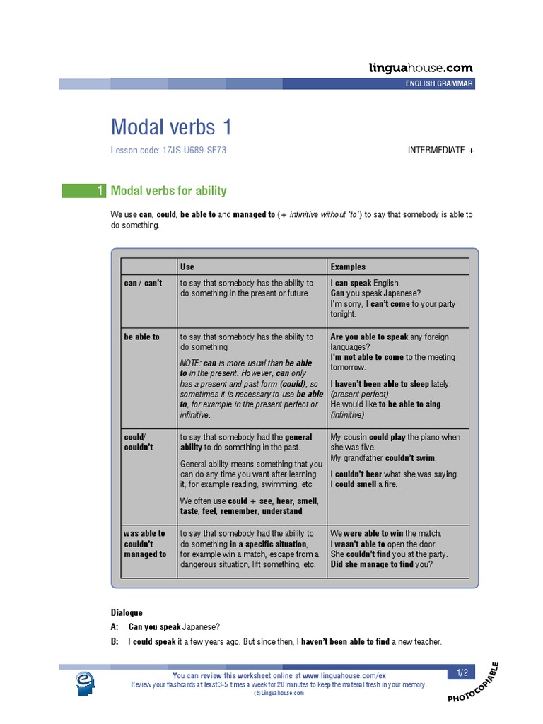 Modal Verbs 1 Ability | PDF