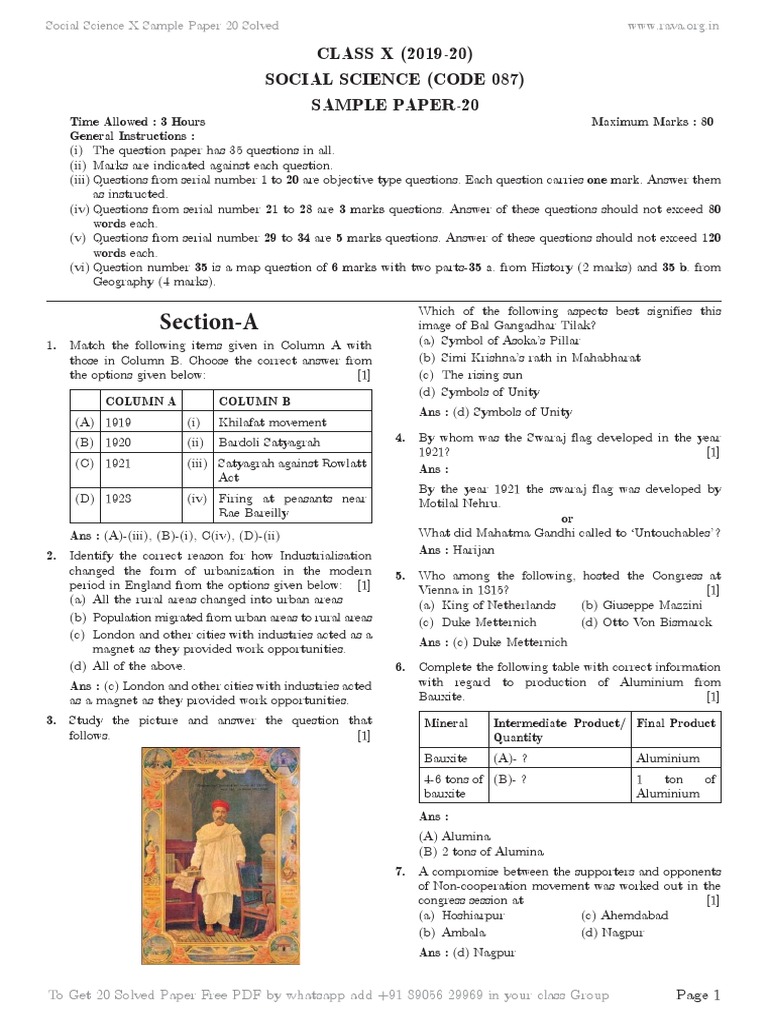 Class 10 SST Sample Paper 20 Solved | PDF
