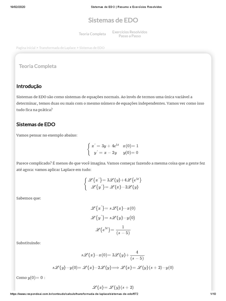 Sistemas de EDO - Resumo e Exercícios Resolvidos | PDF