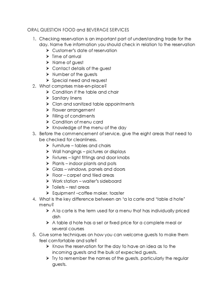 ORAL QUESTION FOOD and BEVERAGE SERVICES | PDF