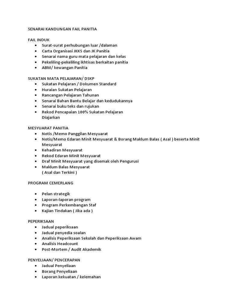 Senarai Kandungan Fail Panitia | PDF