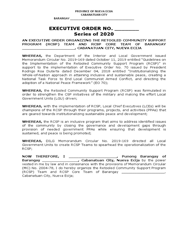 EXECUTIVE ORDER BARANGAY RCSP TEAM Revised | PDF | Business