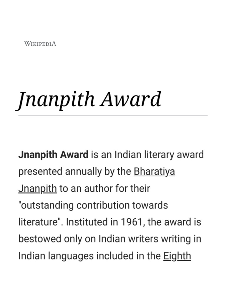 Jnanpith Award - Wikipedia | PDF