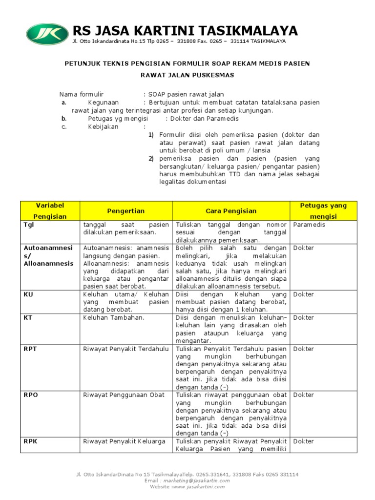 Petunjuk Teknis Pengisian Formulir Soap Rekam Medis Pasien Rawat Jalan ...