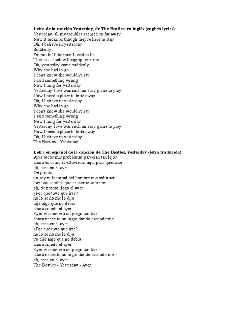 Letra de La Canción Yesterday BEATLES | PDF