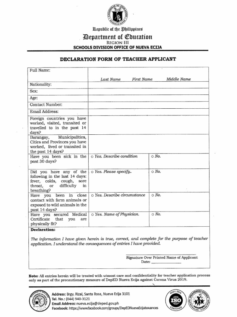 Declaration Form For Teacher Applicant PDF | PDF