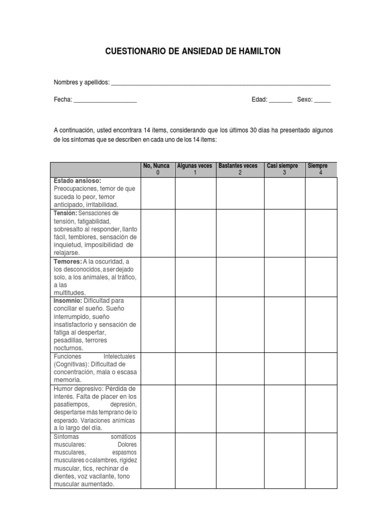 Test de Ansiedad de Hamilton. | PDF
