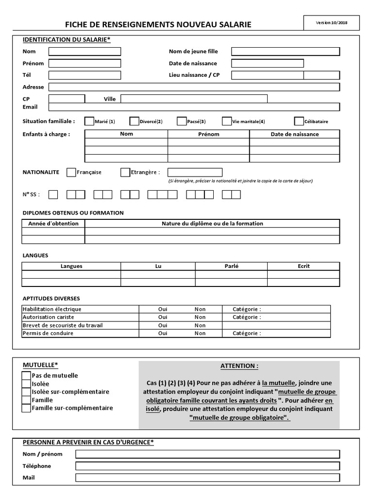 Fiche RENSEIGNEMENT Salarié PDF | PDF