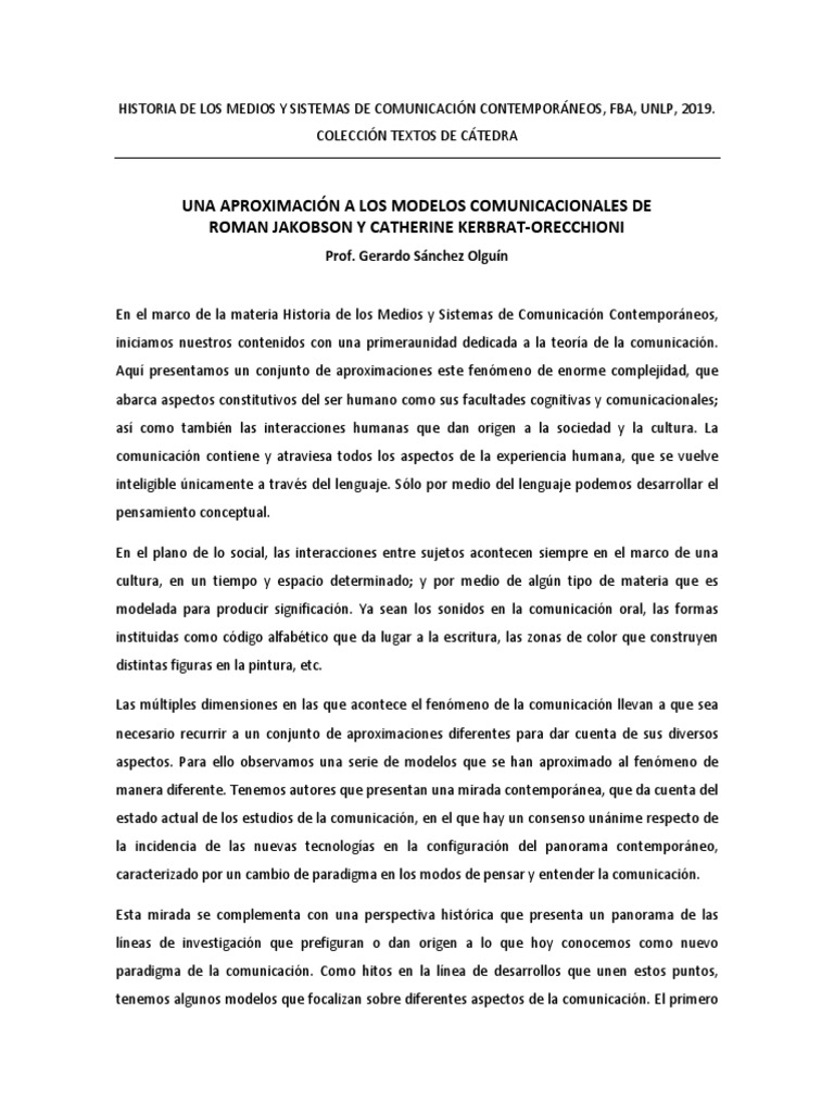 Modelos comunicacionales de Jakobson y Kerbrat-Orecchioni | PDF