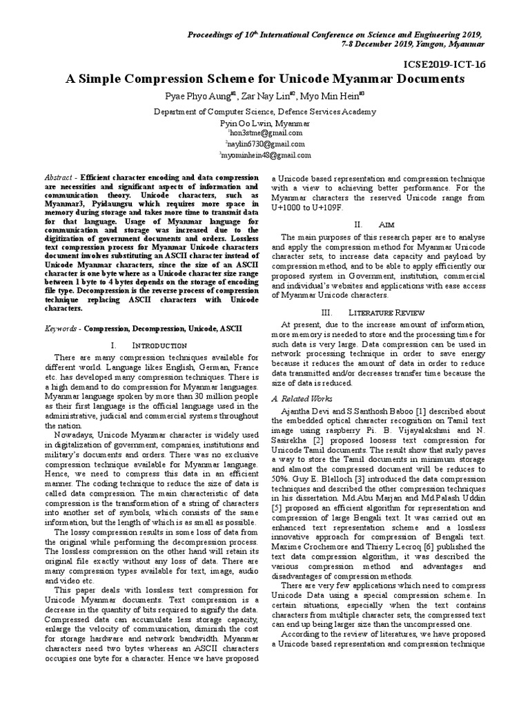 A Simple Compression Scheme For Unicode Myanmar Documents | PDF