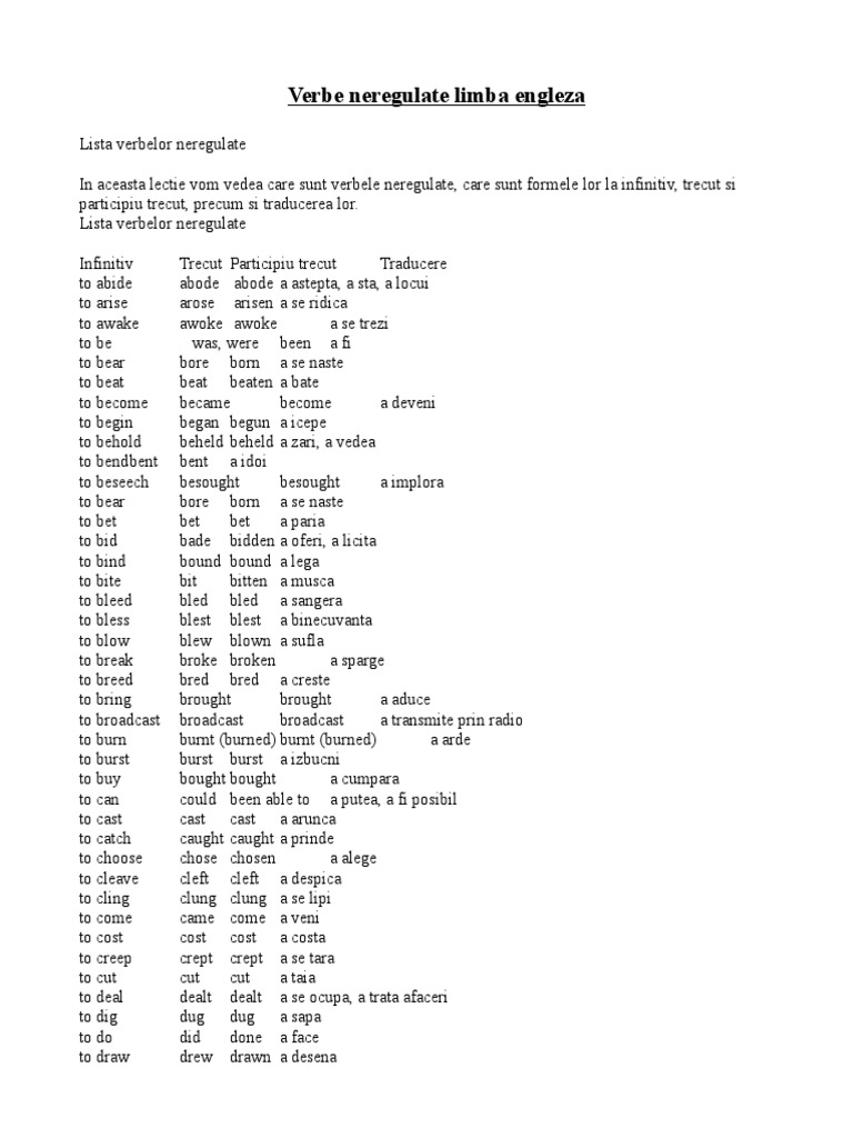 Verbe neregulate limba engleza