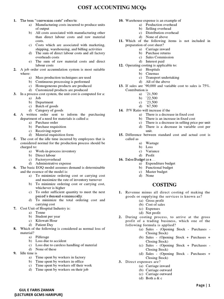 Cost Accounting MCQs | PDF