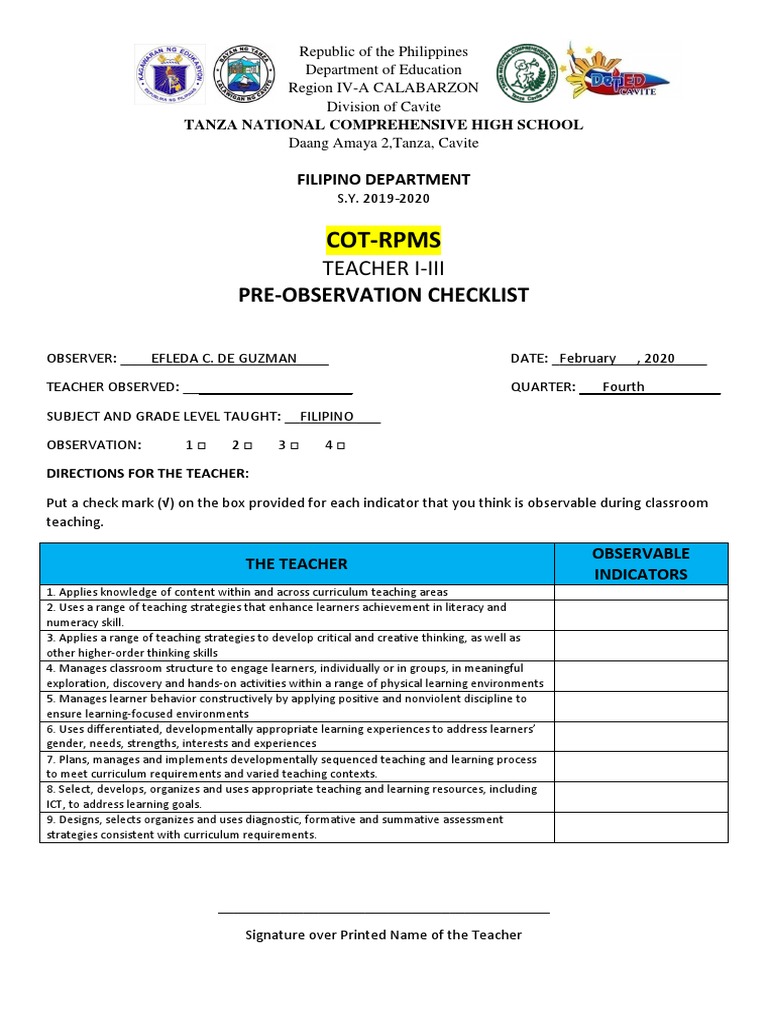PPST PRE OBSERVATION CHECKLIST Teacher 1 3 | PDF