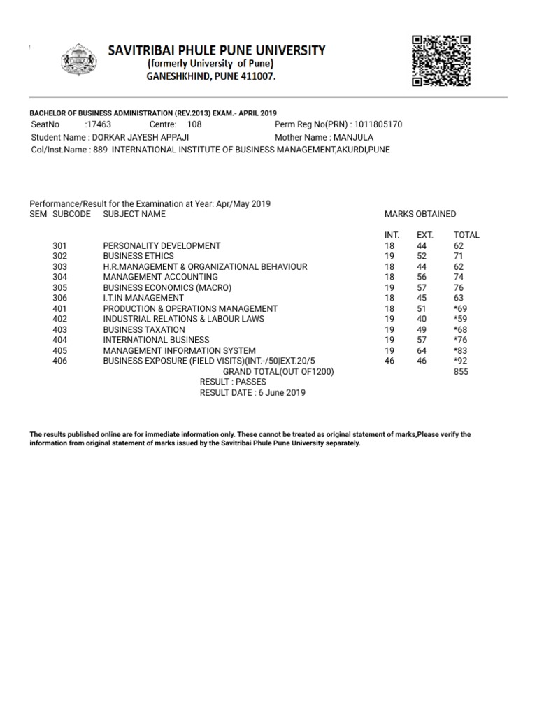 Savitribai Phule Pune University, Online Result | PDF