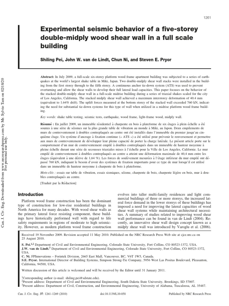 Experimental Seismic Behavior of A Five-Storey Double-Midply Wood Shear ... Experimental Seismic Behavior of A Five-Storey Double-Midply Wood Shear ...