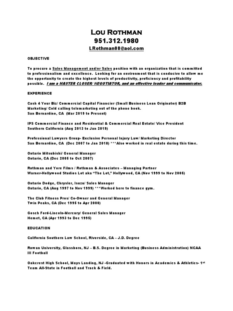 Lou Rothman Sales Management 2020 Resume | PDF | Business