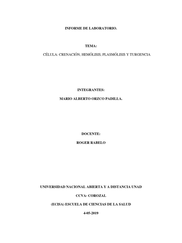 PRÁCTICA No. 3 Célula Crenación Hemólisis Plasmólisis y Turgencia | PDF