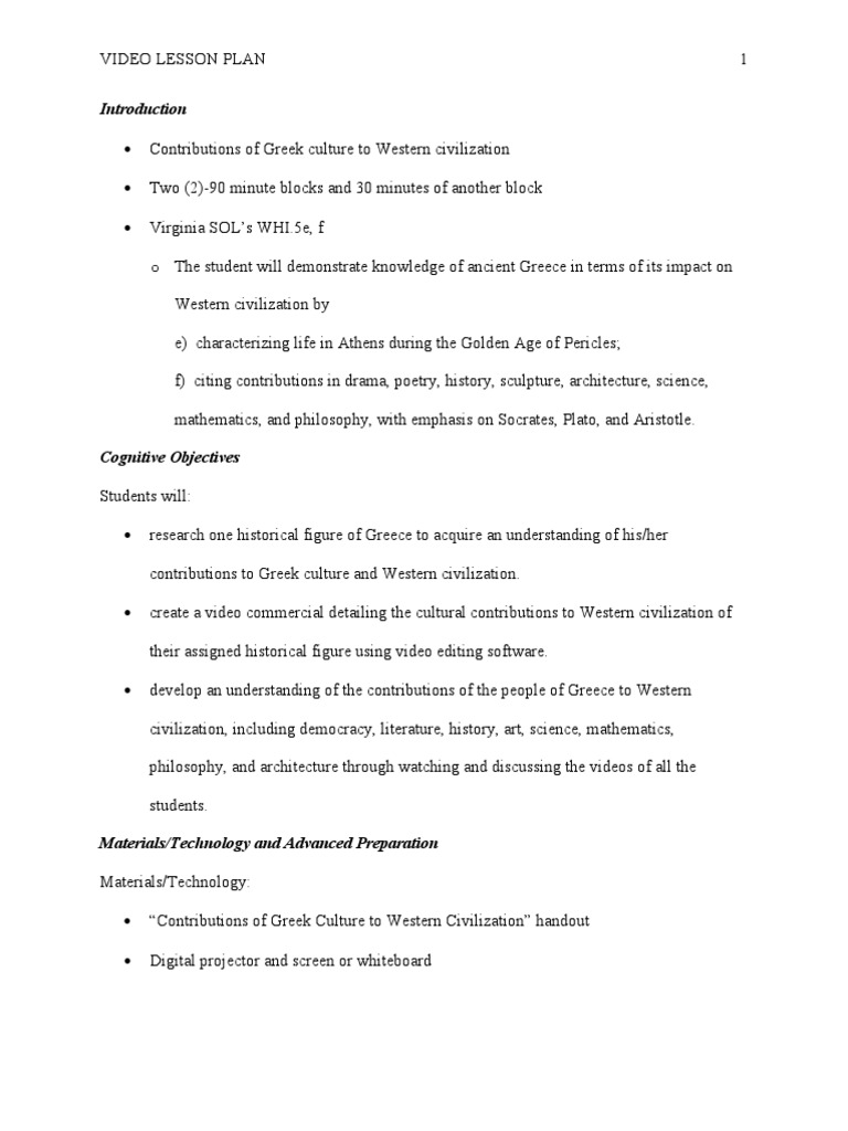 Greek Culture Video Lesson Plan | PDF | Socrates | Ancient Greece