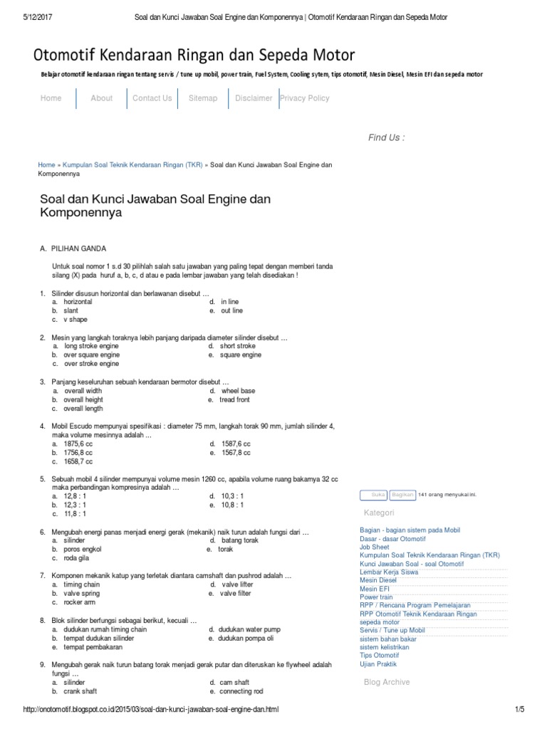 (PDF) Soal Dan Kunci Jawaban Soal Engine Dan Komponennya - Otomotif ...