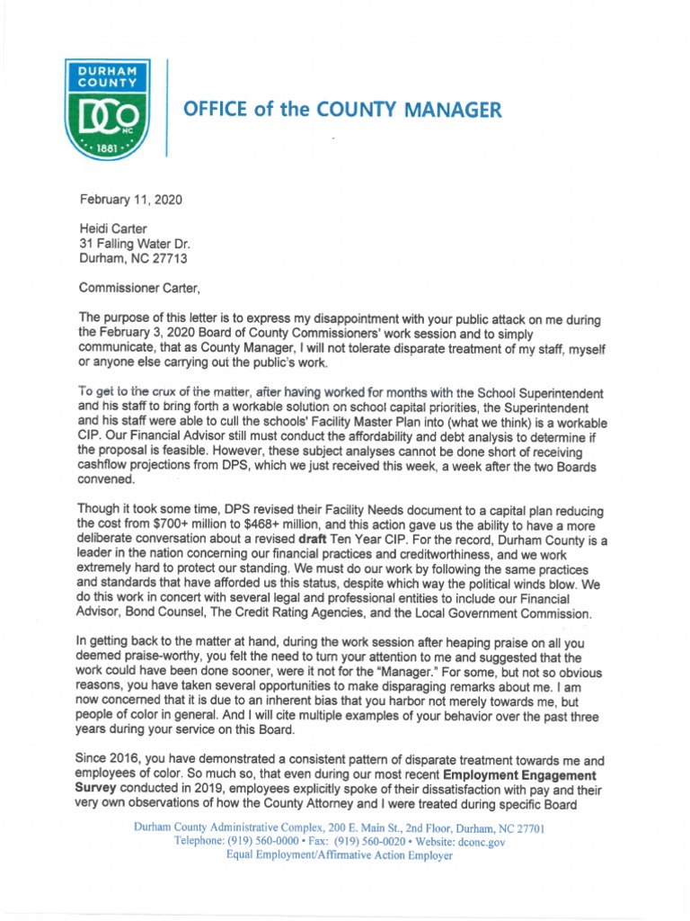 Durham County Manager Letter | PDF | Debt | Government