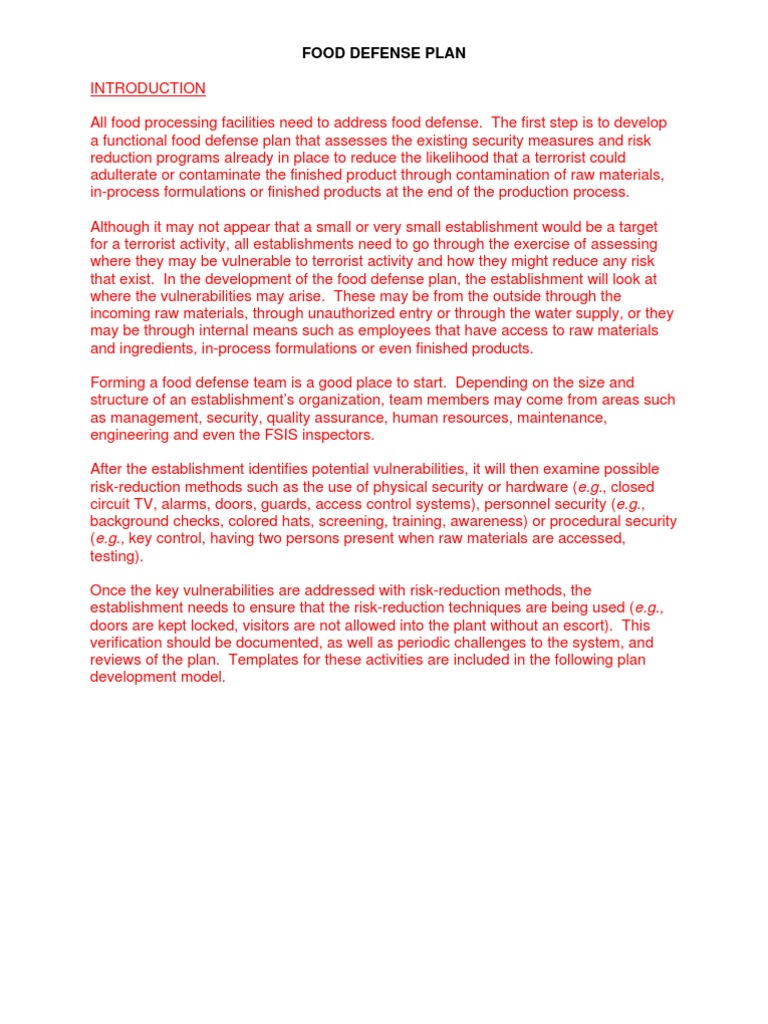 Food Defense Plan | Vulnerability (Computing) | Securities