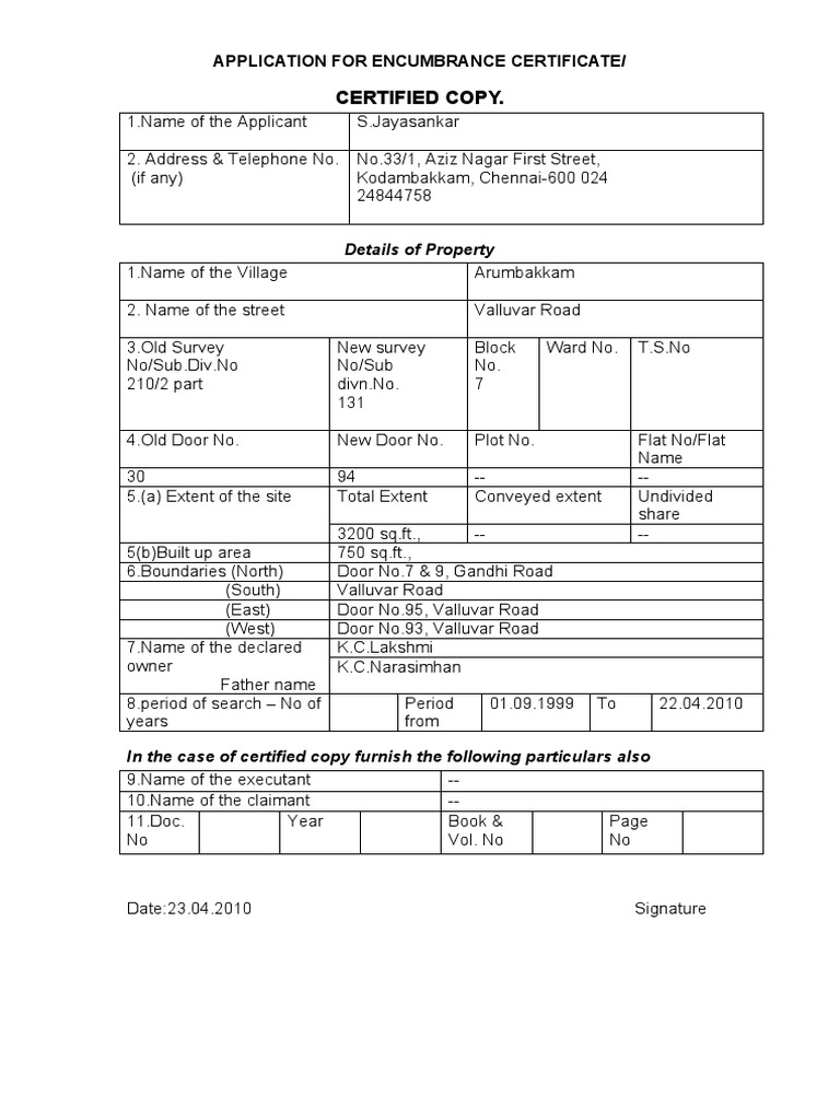 Application For Encumbrance Certificate | PDF