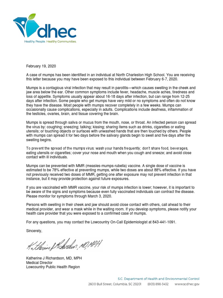Mumps Exposure Letter N CHS High School Feb 19 2020