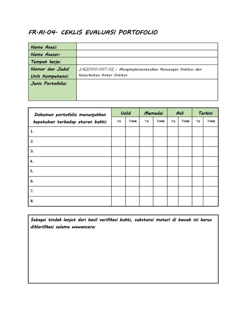 6.4. FR - Ai.04. Ceklis Evaluasi Portofolio | PDF