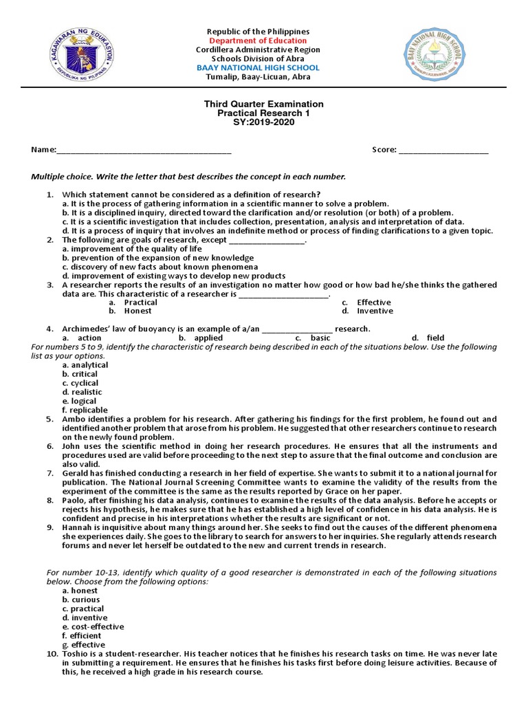 Practical Research 1 Third Quarter Exam | PDF