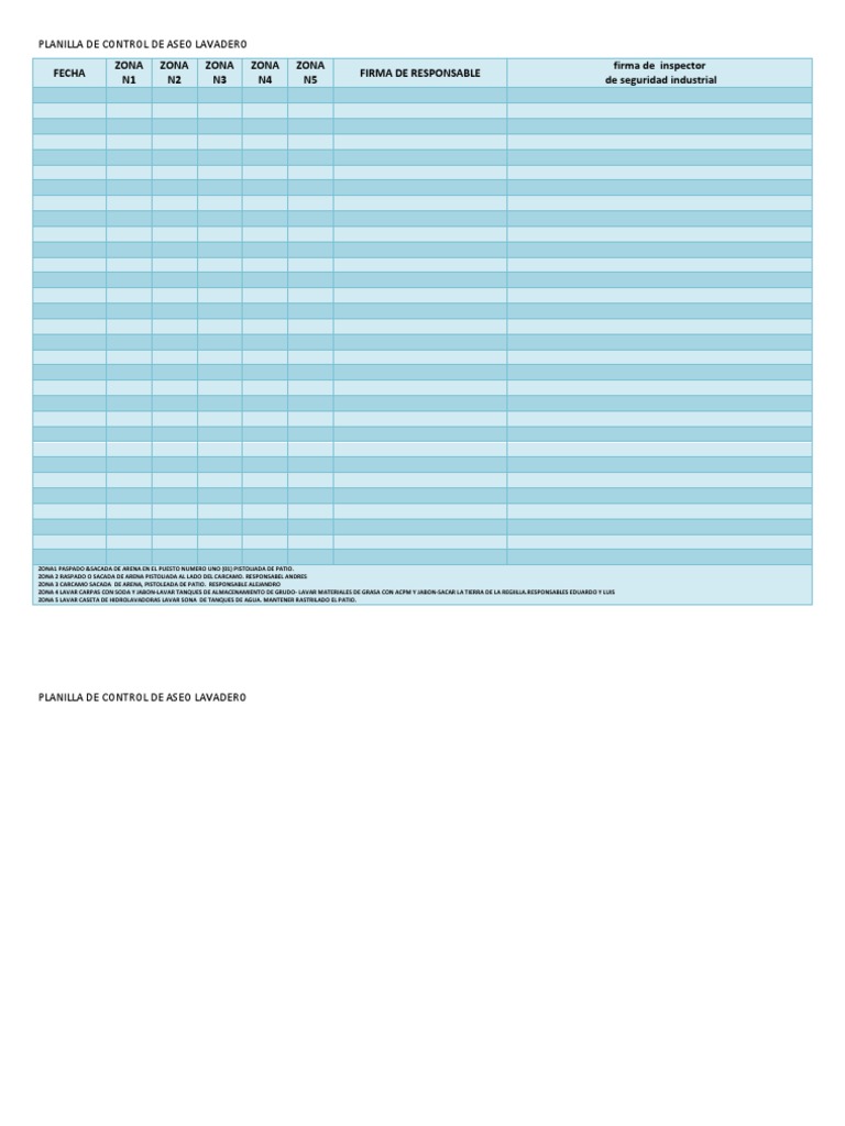 Planilla de Control Aseo | PDF