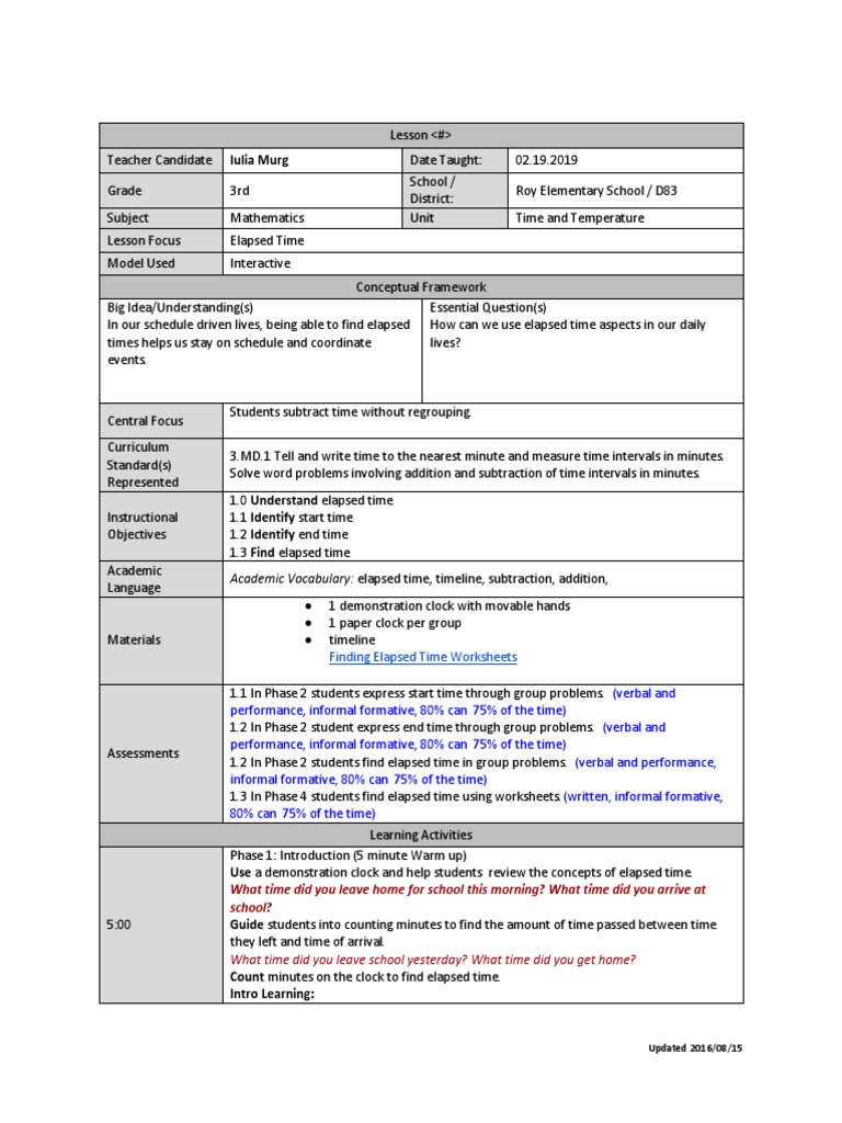 Elapsed Time Lesson Plan for Grade 3 | PDF
