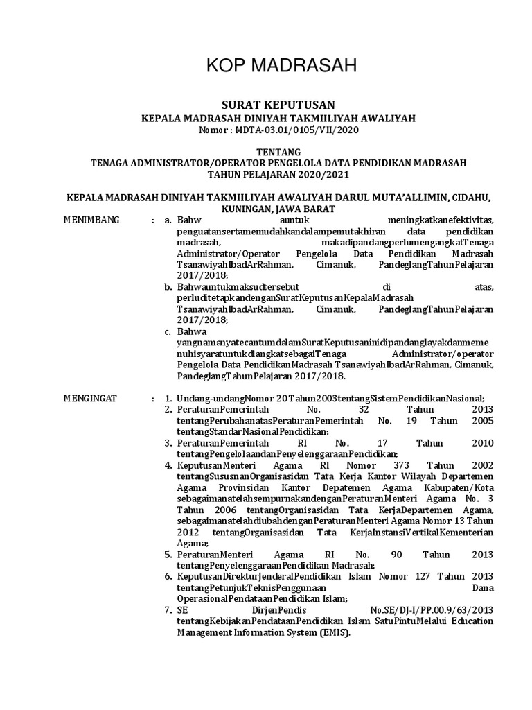 Contoh SK Operator Madrasah | PDF