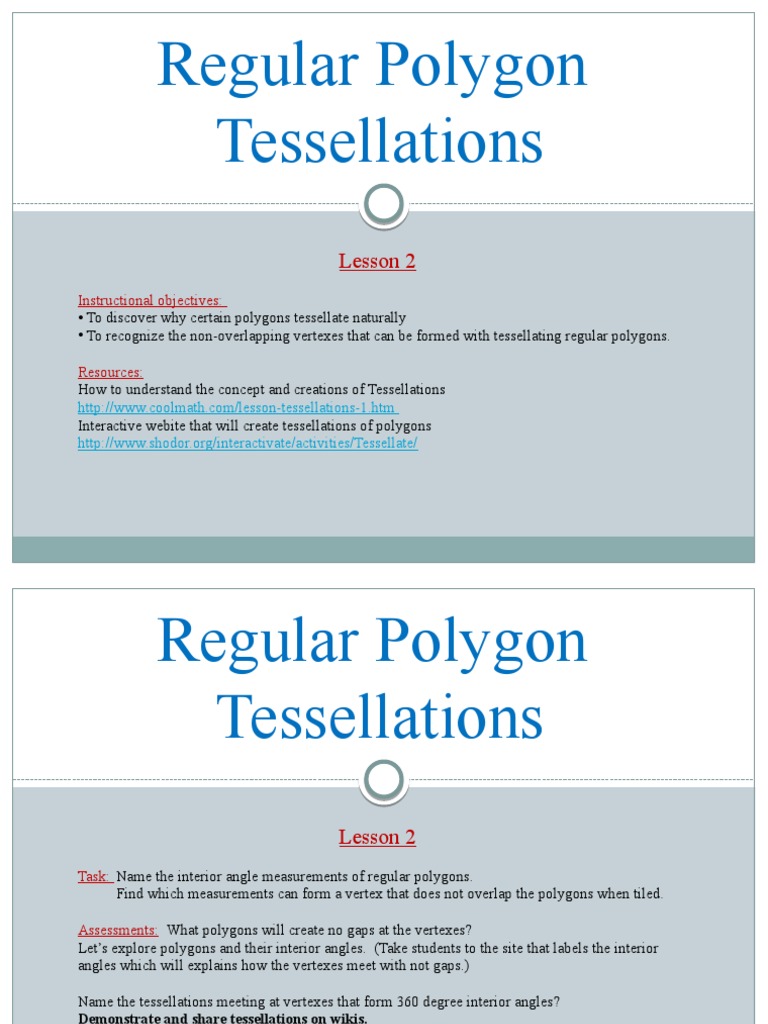 Regular Polygon Tessellations: Lesson 2 | PDF | Triangle | Polygon