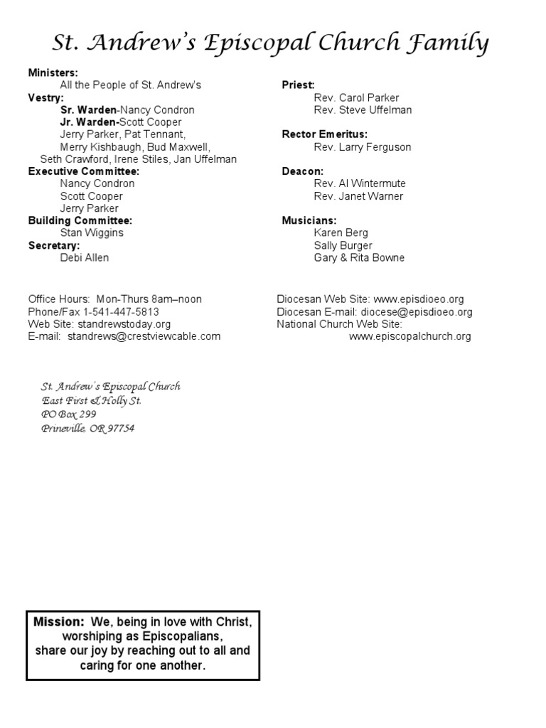 St. Andrew's Episcopal Church Family: Ministers: Vestry: Sr. Warden ...