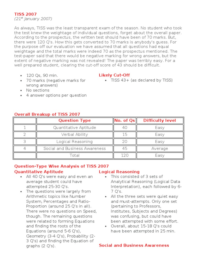 Tiss 2007 | Download Free PDF | Test (Assessment) | Reason