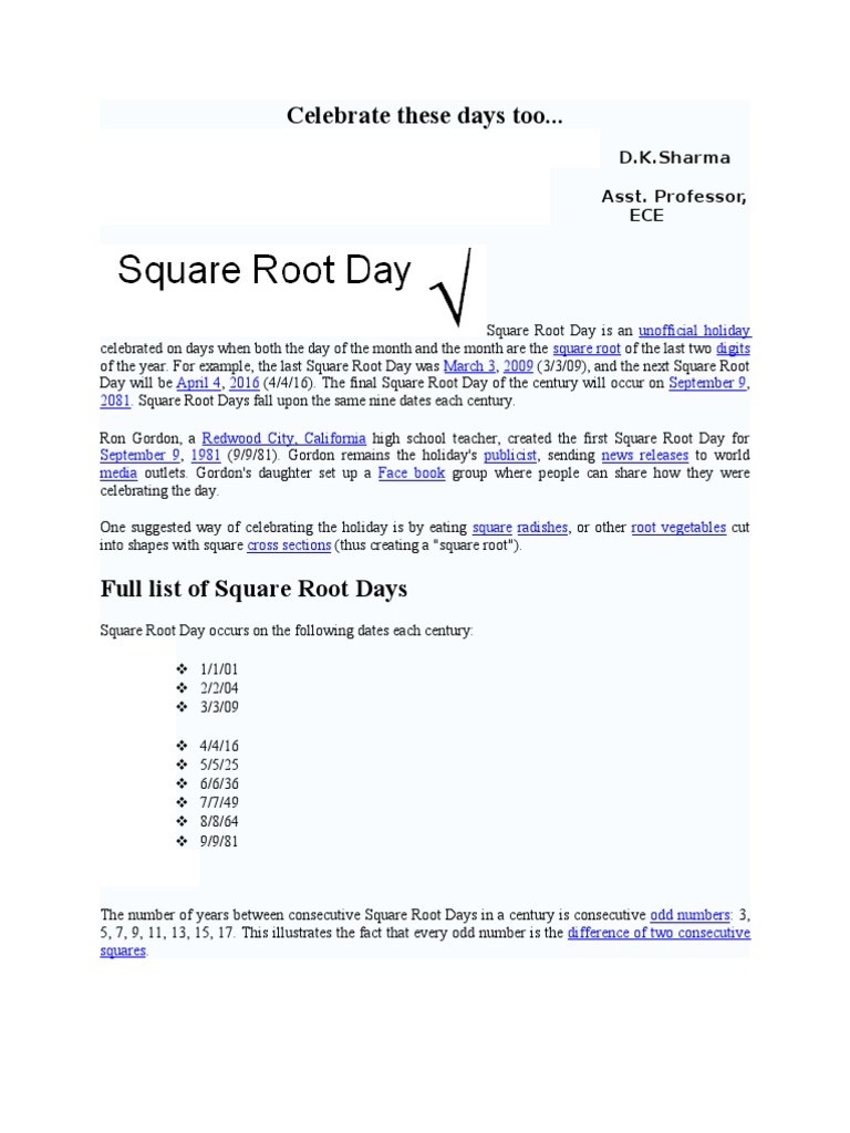 Square Root Day | PDF | Pi | Elementary Mathematics