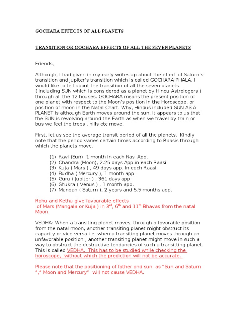 Gochara Effects of All Planets | PDF | Planets | Hindu Astrology