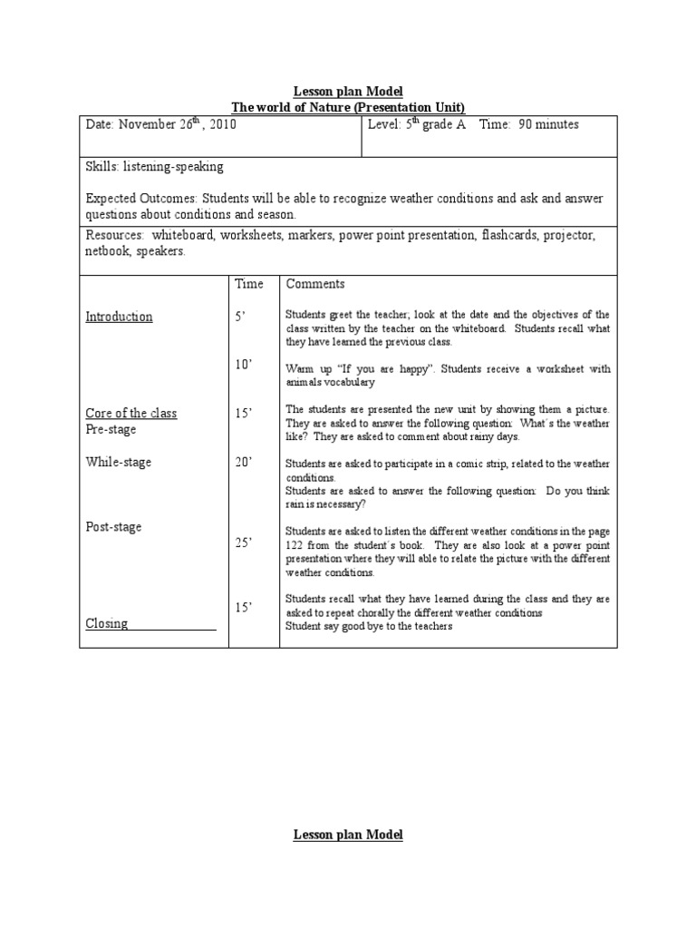 Lesson Plan Model The World of Nature (Presentation Unit) : TH TH | PDF ...