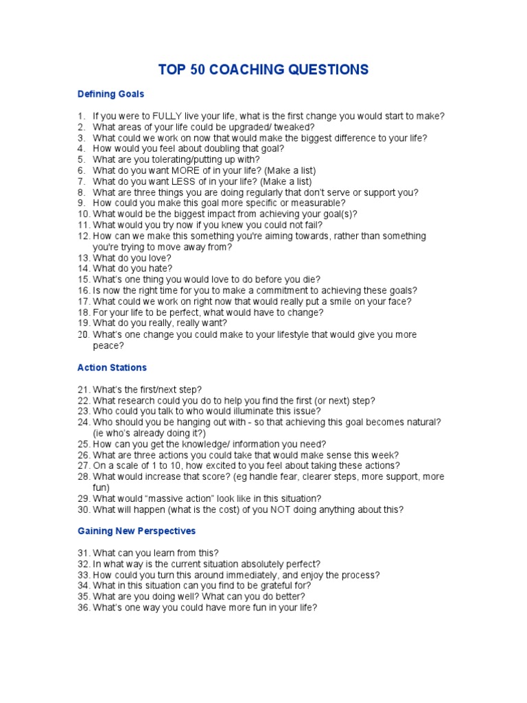 Top 50 Coaching Questions for Growth | PDF | Goal | Behavior Modification