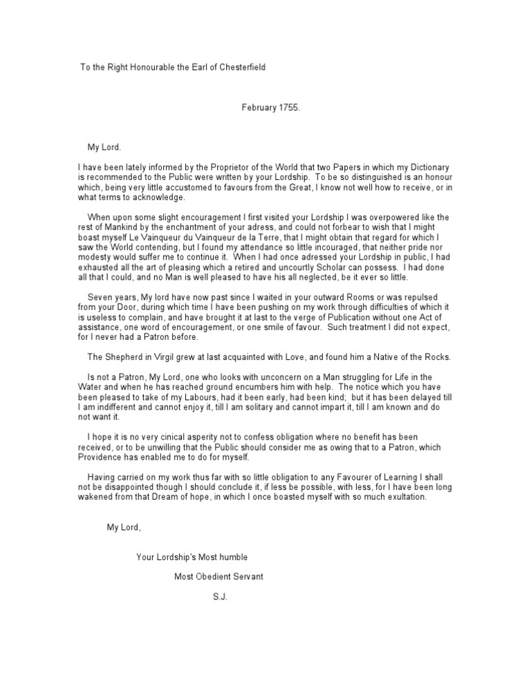 Letter by Samuel Johnson To Lord Chesterfield | PDF