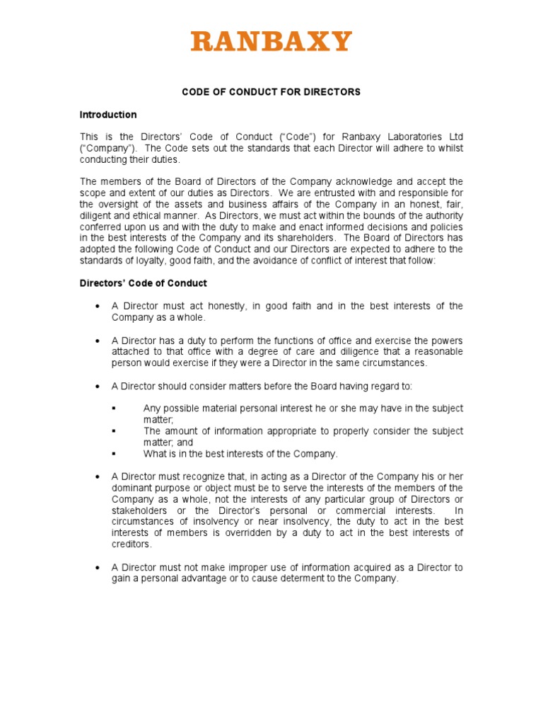 RLL Code of Conduct For Directors | PDF