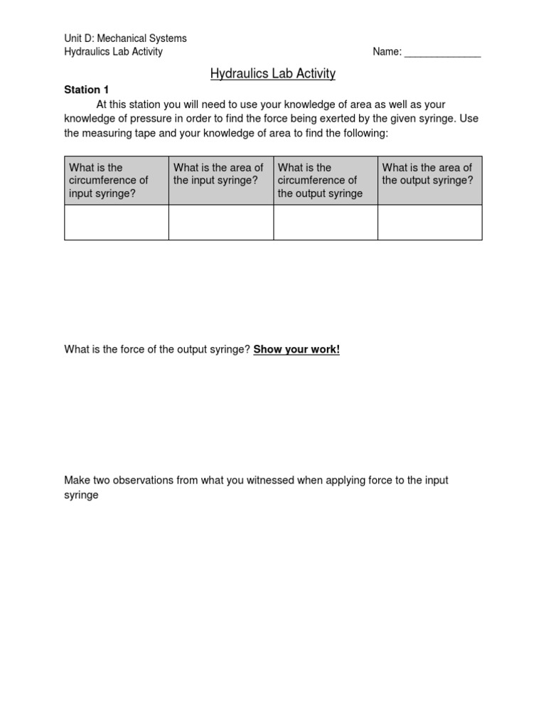 Hydraulics Lab Activity Sheet | PDF