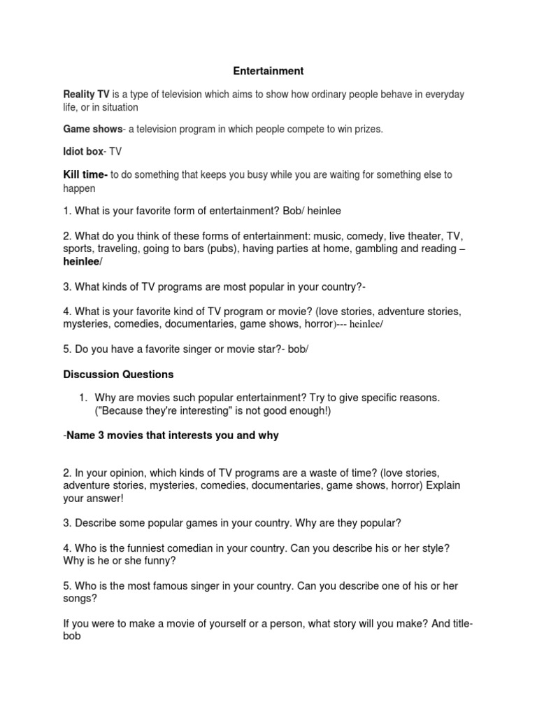 Exploring Popular Entertainment Forms | PDF | Games & Activities ...