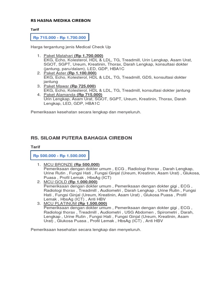 Tarif Mcu RS Lain | PDF