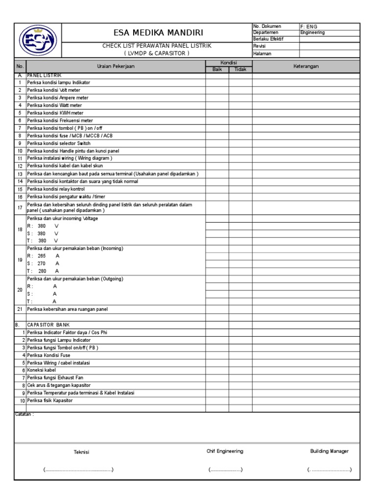 Form Check List Panel LVMDB Dan Kapasitor Bank | PDF