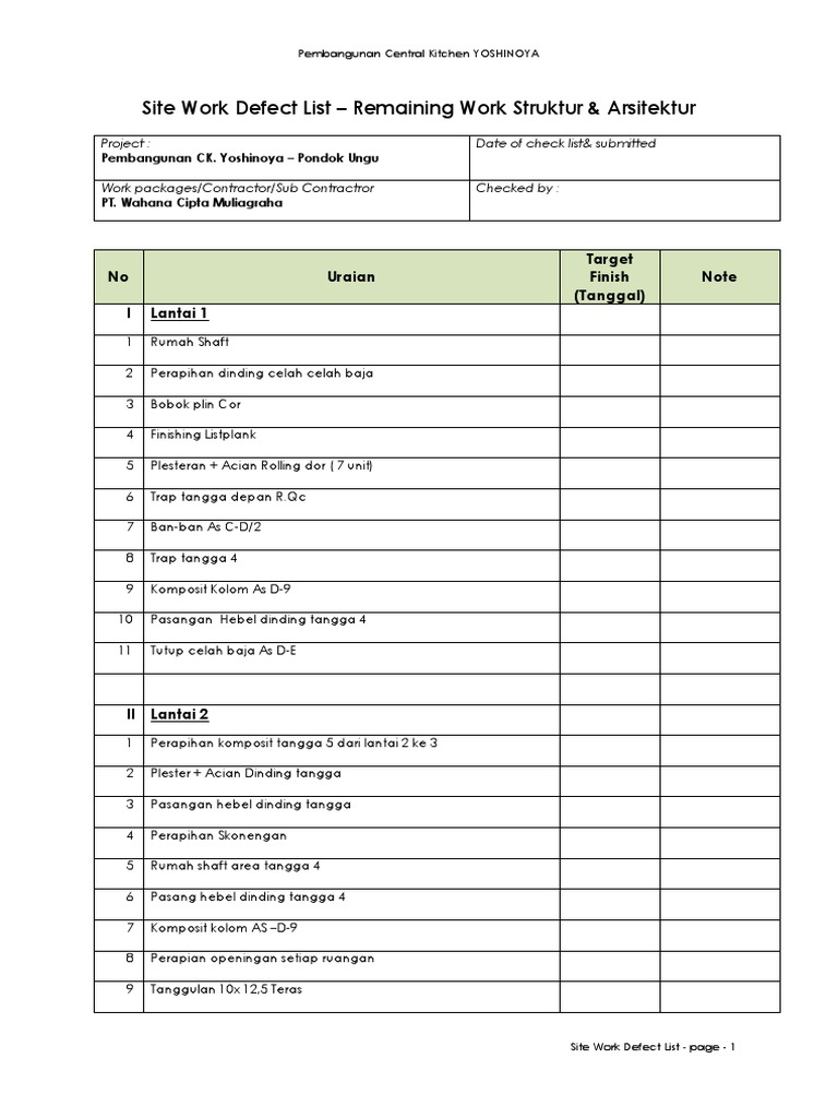 Site Work Defect List - CK. Yoshinoya | PDF
