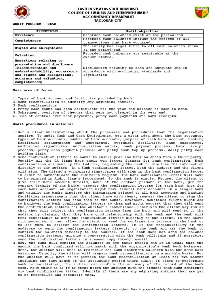 Audit Program - Cash | PDF | Payments | Cheque