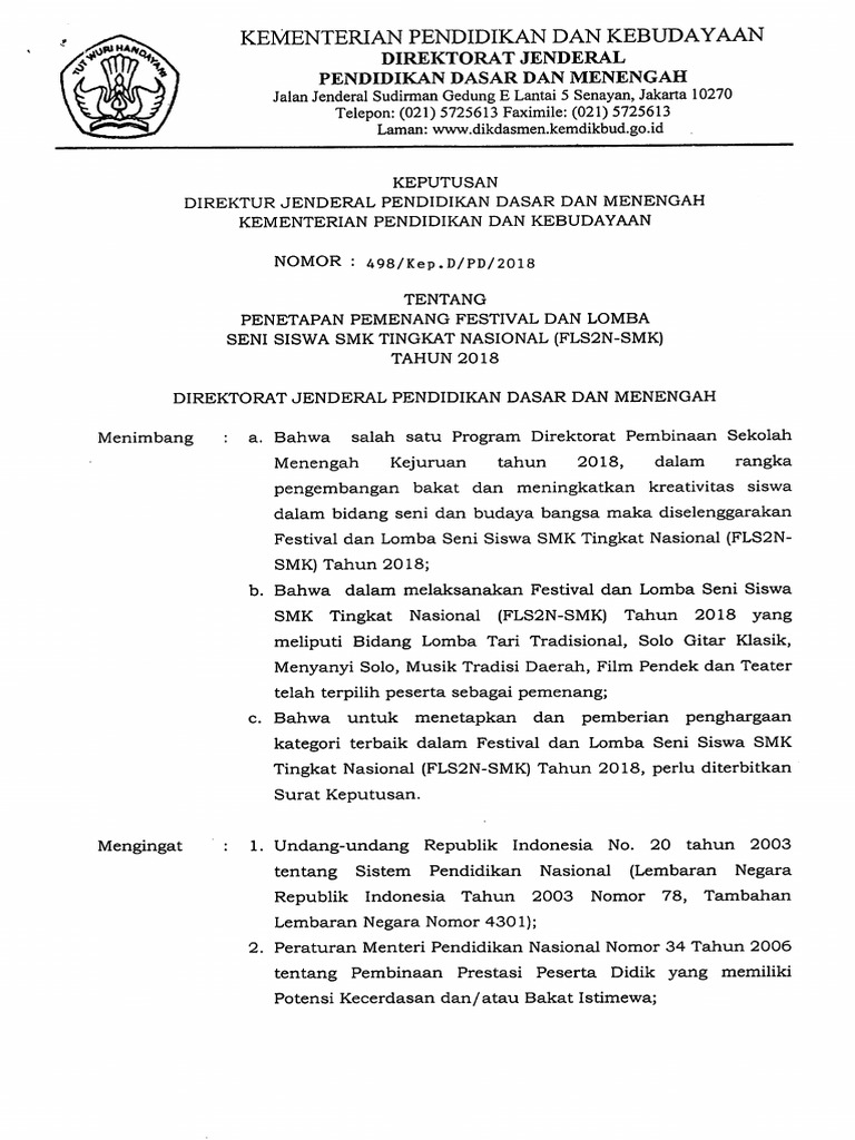 SK Penetapan Pemenang FLS2N Tahun 2018 | PDF