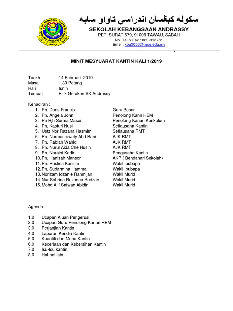 Minit Mesyuarat Kantin Bil 1 | PDF