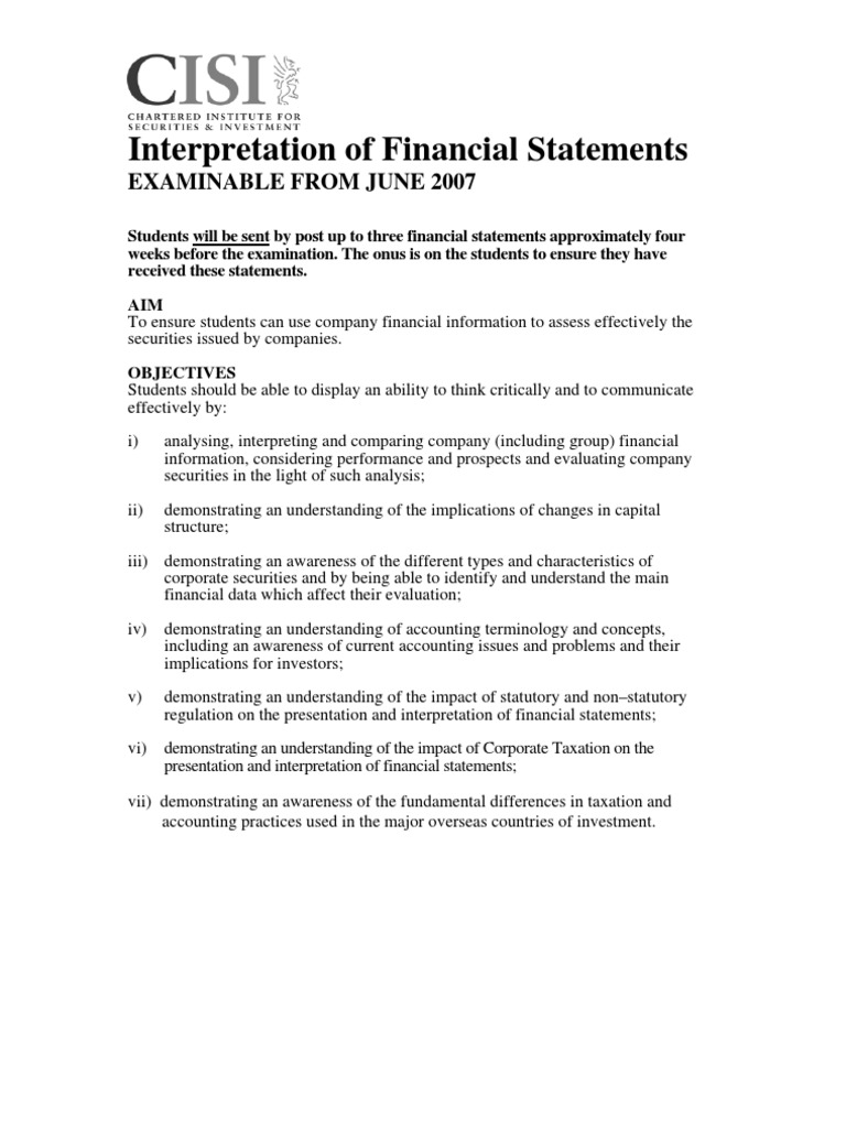 Interpretation of Financial Statements: Examinable From June 2007 | PDF ...